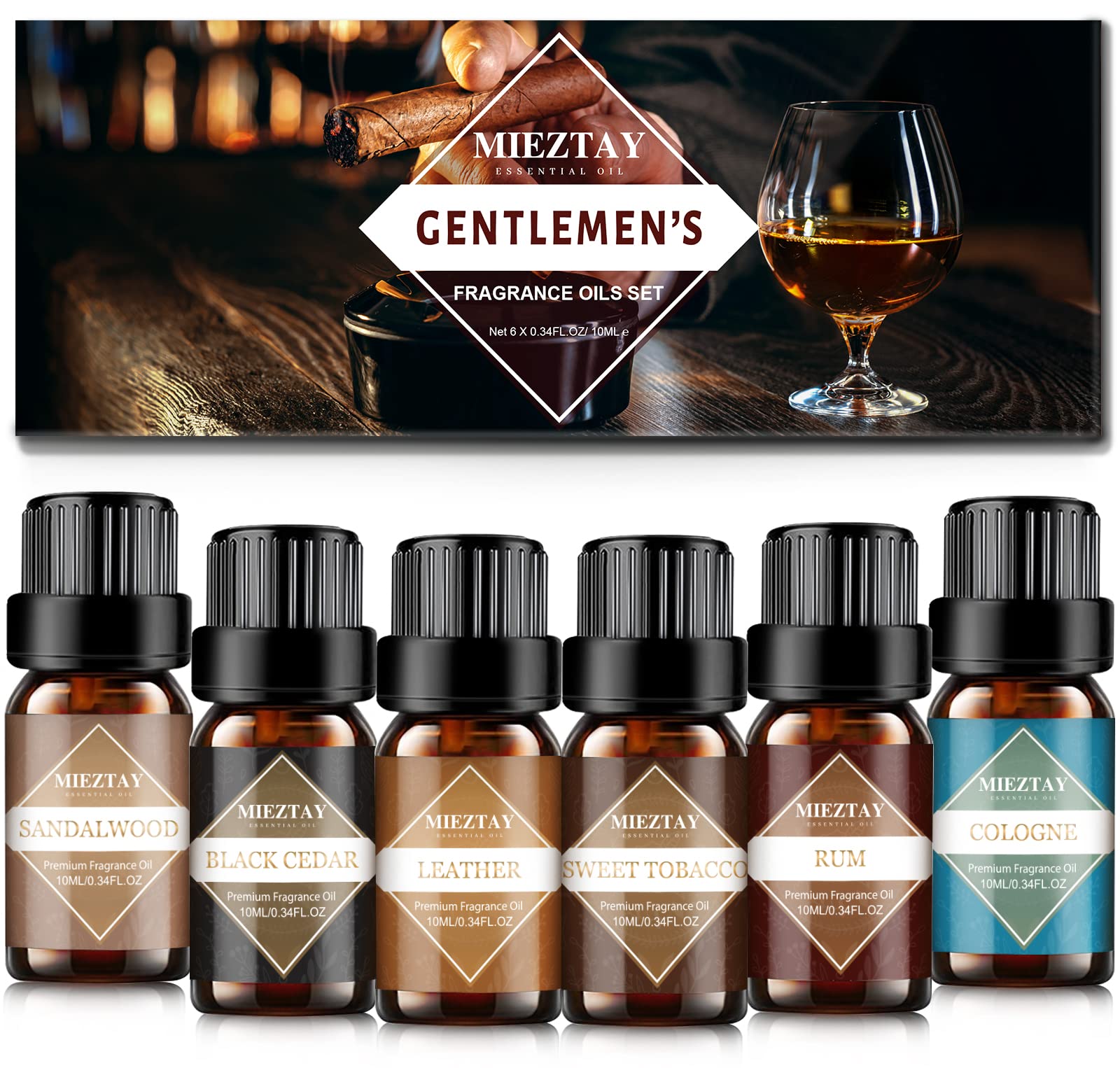 Mens Essential Oils Set - TOP 6 Gentlemen's Fragrance Oil for Diffuser, Candle & Soap Making - Sandalwood, Cologne, Black Cedar, Leather, Sweet Tobacco, Bay Rum Essential Oil Kit for Men (10mL)