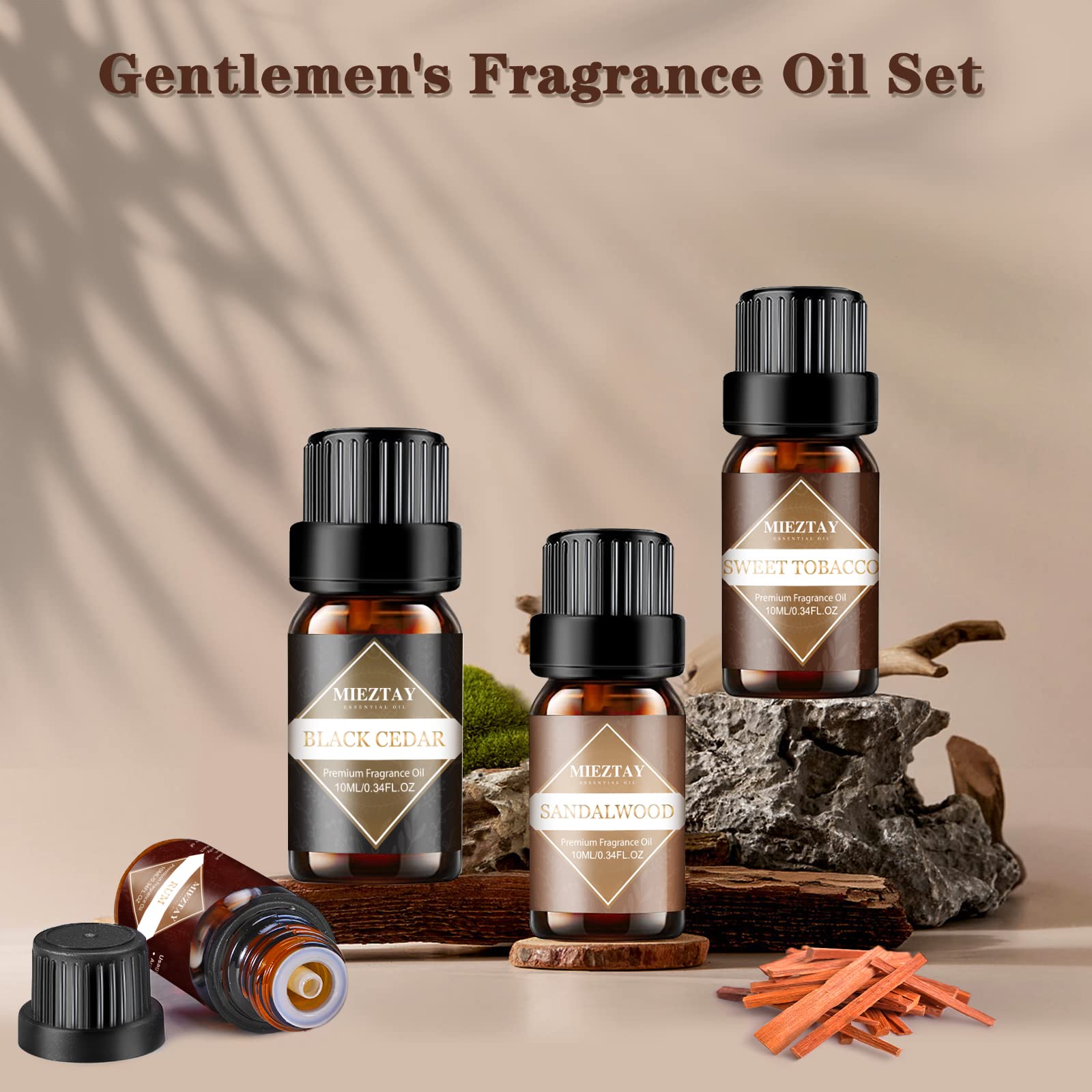 Mens Essential Oils Set - TOP 6 Gentlemen's Fragrance Oil for Diffuser, Candle & Soap Making - Sandalwood, Cologne, Black Cedar, Leather, Sweet Tobacco, Bay Rum Essential Oil Kit for Men (10mL)