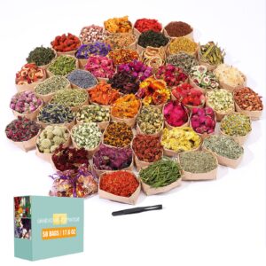 sacatr dried flowers, 50 bags 100% natural dried herbs kit for soap making, candle, resin jewelry making, bath, nail - include rose petals, rosebuds, lilium, jasmine, don't forget me and more