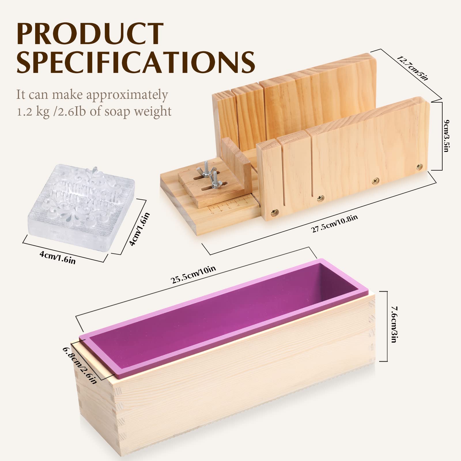 Soap Making Kit 42oz Loaf Silicone Mold Multi-Function Adjustable Wood Soaps Cutting Box with Stainless Steel Wavy & Straight Cutter