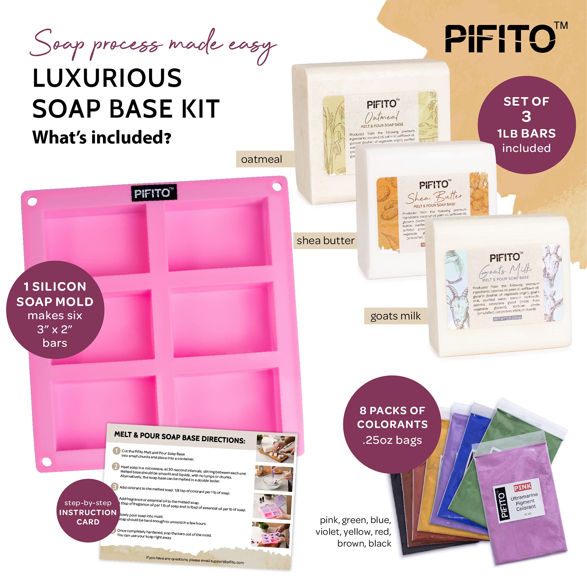 Pifito Soap Making Kit │ DIY Soap Making Supplies - 3 lbs Melt and Pour Soap Base (Shea Butter, Goats Milk, Oatmeal), 8-Pack Oxide Pigment Colorants Sampler, Mold and Instructions