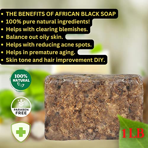 Premium African Black Soap - Pure 1 pound Bulk. Raw Organic Soap for Acne, Dry Skin, Rashes, Burns, Scar Removal, Face & Body Wash, From Ghana West Africa - Authentic African Moisturizer