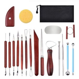 blisstime 18pcs clay sculpting tools, basic clay pottery carving tool kit with wooden handles and tool bag