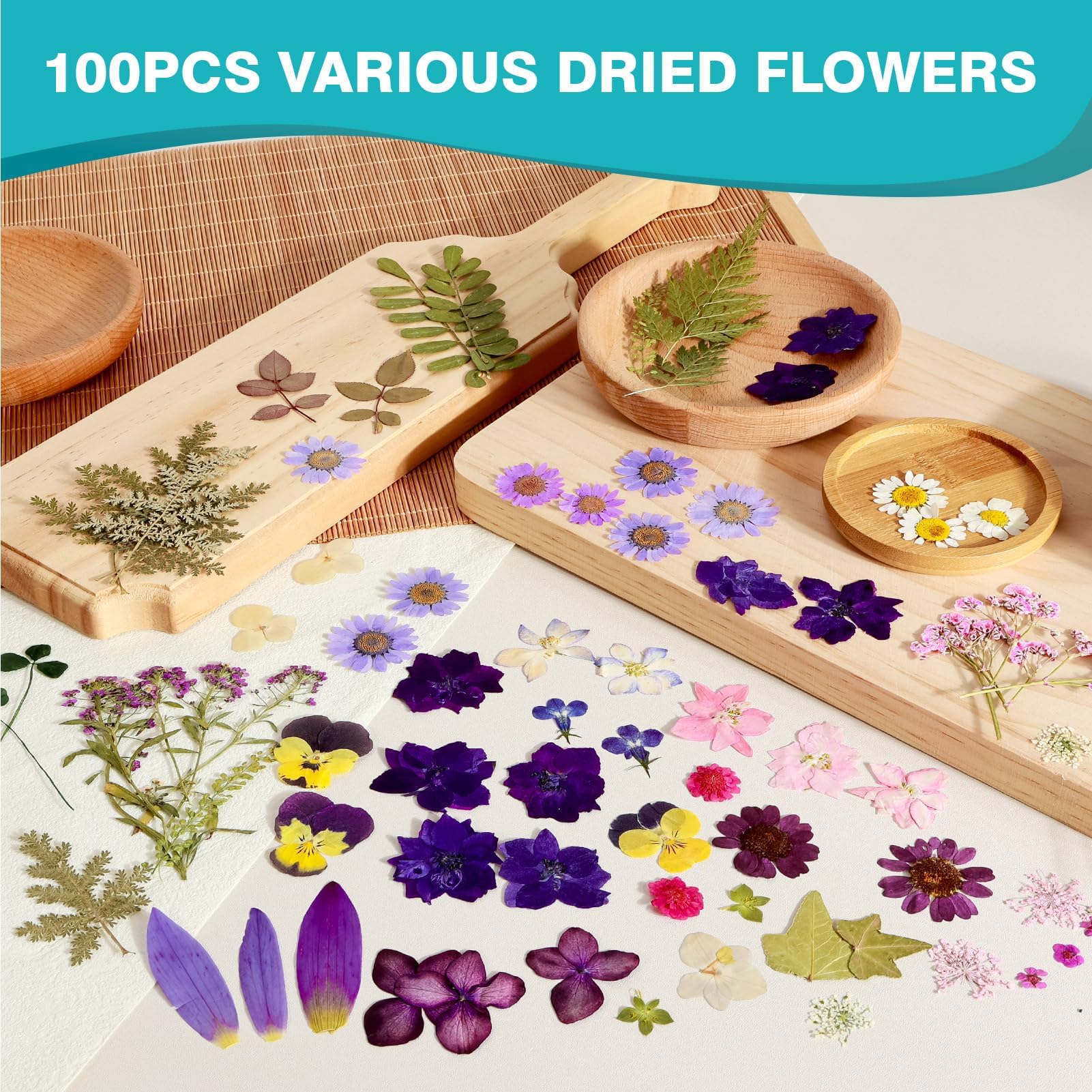 Resiners 100Pcs Dried Pressed Flowers for Resin Molds, Purple Real Pressed Flowers Dry Leaves Kit for Art Crafts Resin Jewelry Making Scrapbook Supplies Card Making Soap Candle DIY