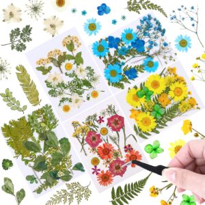 102 PCS Dried Flowers for Resin Molds, Natural Dried Pressed Flower Leaves Bulk for Jewelry Making Kit Real Dry Herbs for Scrapbooking, Candle, Soap Making, Nail Décor, Art Supplies,Tweezers Included