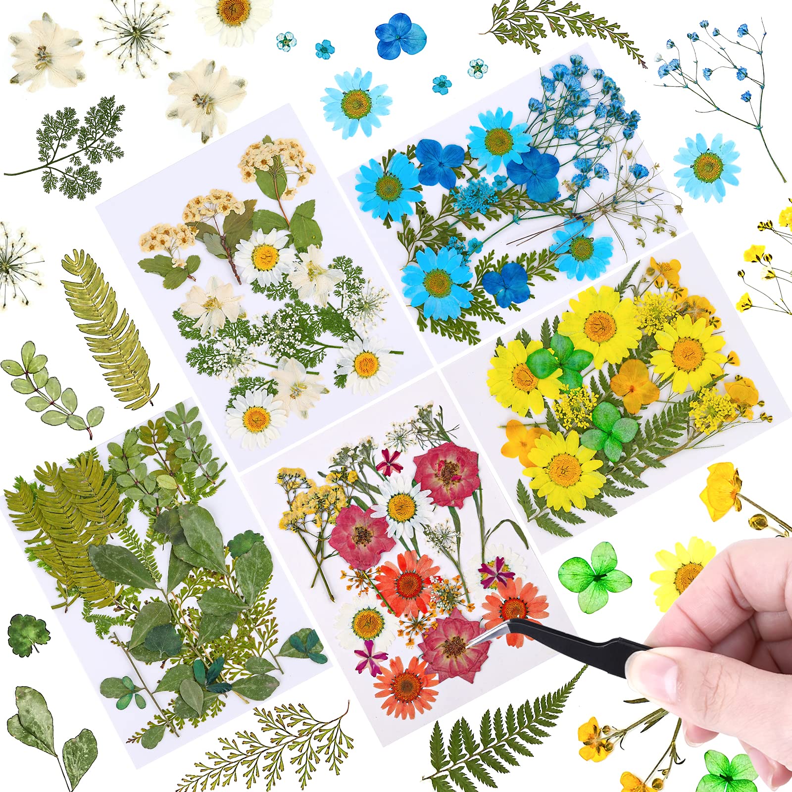 102 PCS Dried Flowers for Resin Molds, Natural Dried Pressed Flower Leaves Bulk for Jewelry Making Kit Real Dry Herbs for Scrapbooking, Candle, Soap Making, Nail Décor, Art Supplies,Tweezers Included