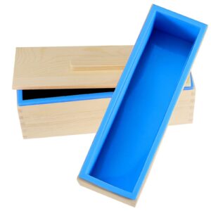 MAHIONG 3PCS 47oz Blue Silicone Soap Molds Kit, Rectangular Silicone Loaf Soap Making Molds with 3 Wooden Boxes and 3 Lids, DIY Supplies for Soap Making