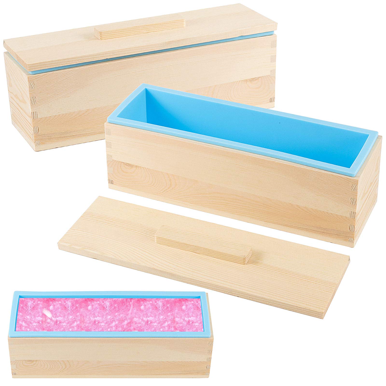 3 Packs 42oz Silicone Soap Moulds, Rectangular Soap Mould kit with Wooden Box and Covers, Flexible DIY Mould kit Supplies for Soap Making, Blue