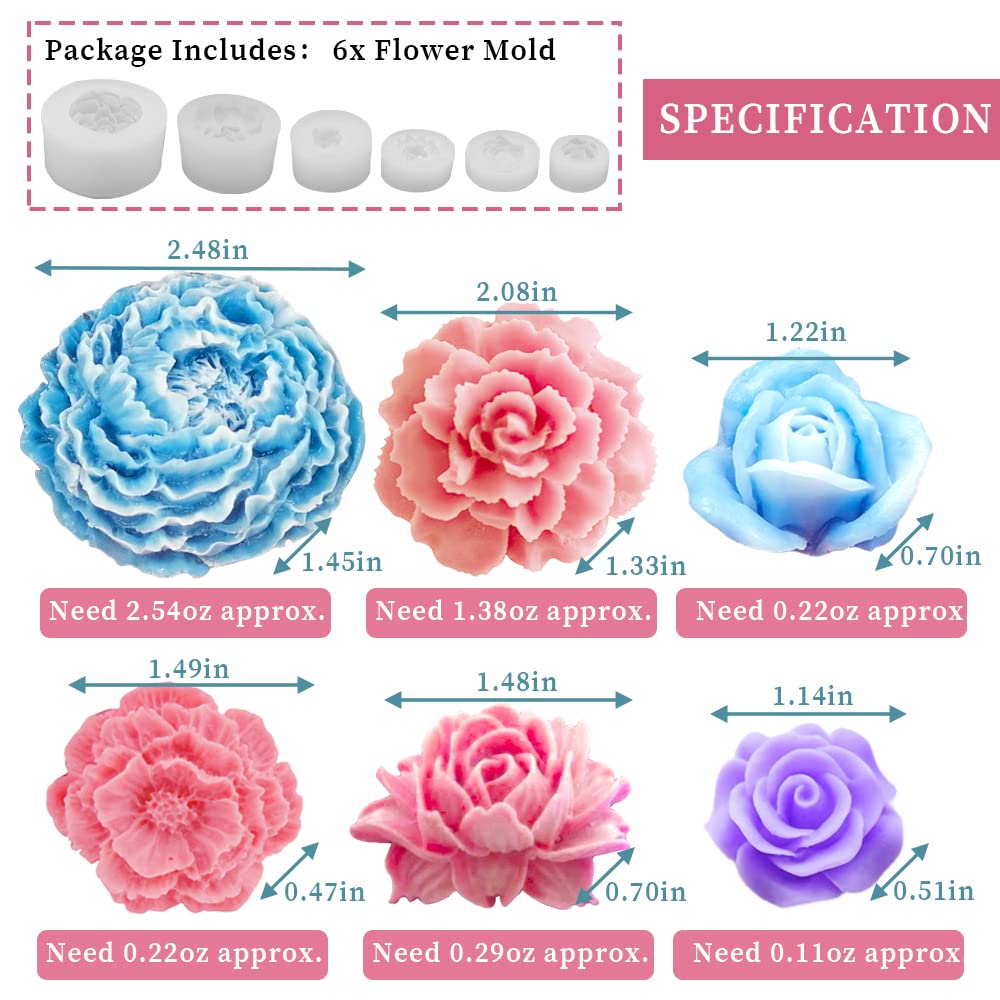 6PCS Flower Silicone Molds Resin Candle Mold Set, 3D Bloom Rose Peony Fondant Mold for Chocolate Cake Decor Soap Candle Making Kit, Resin Mold for Epoxy Casting Polymer Clay Craft Gift