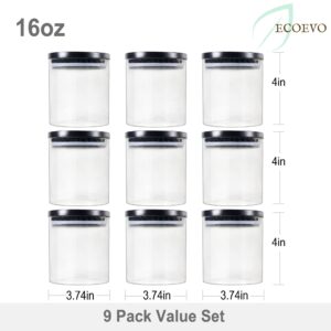 EcoEvo Glass Jars with Black lids, Food Storage Containers with Stackable Lids, Food Jars and Canisters Sets, Glass Pantry Jars with Airtight Lids (9 Pack of 16oz)