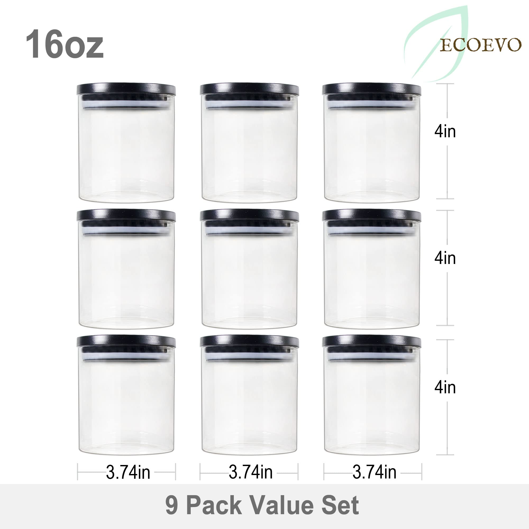 EcoEvo Glass Jars with Black lids, Food Storage Containers with Stackable Lids, Food Jars and Canisters Sets, Glass Pantry Jars with Airtight Lids (9 Pack of 16oz)