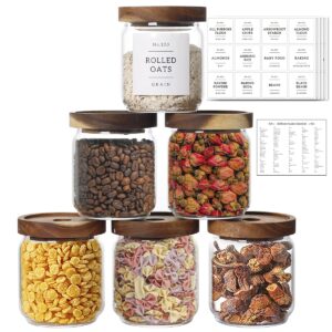 16 oz stackable glass food storage jars with 132 pantry labels preprinted - 6 pcs thicken glass storage containers with airtight acacia lid - clear kitchen canister for spice, tea, coffee, sugar