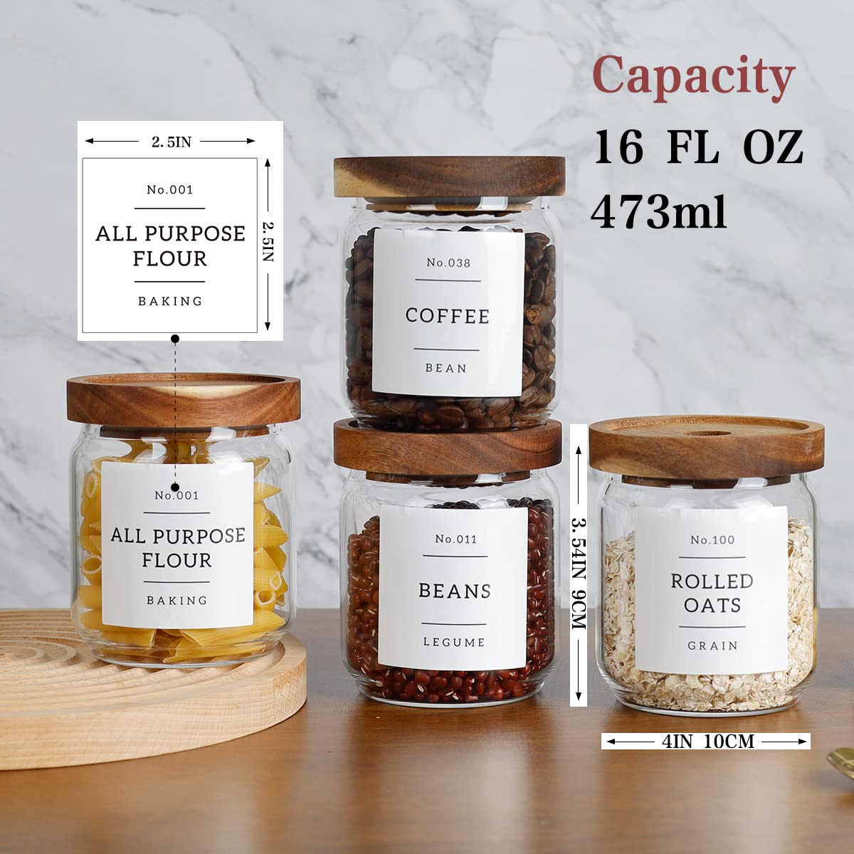 16 OZ Stackable Glass Food Storage Jars with 132 Pantry Labels Preprinted - 6 Pcs Thicken Glass Storage Containers with Airtight Acacia Lid - Clear Kitchen Canister for Spice, Tea, Coffee, Sugar