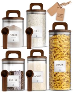 belle terre premium glass jar set - 5 canisters with airtight natural acacia lids, custom labels & spoons - food storage containers & pantry organization - 17oz, 34oz, 68oz - transparent, durable