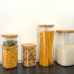 KIVY Square Glass Jars with Bamboo Lids [2x 74oz] Glass airtight food storage containers - Pasta containers storage - Spaghetti container - Pasta containers for pantry flour Jar - Large glass jars