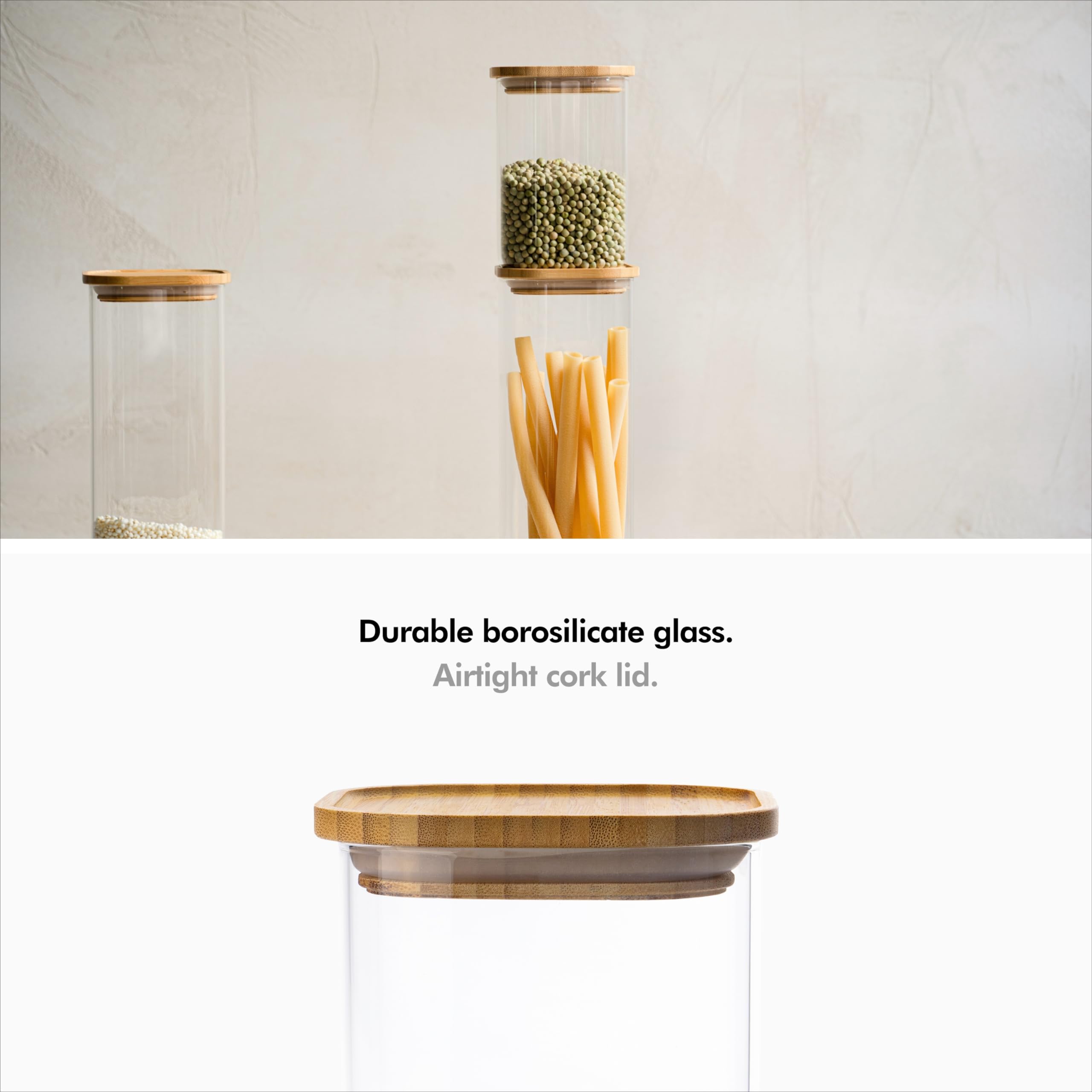 KIVY Square Glass Jars with Bamboo Lids [2x 74oz] Glass airtight food storage containers - Pasta containers storage - Spaghetti container - Pasta containers for pantry flour Jar - Large glass jars