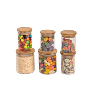 OIKOS | Hermetic Glass Storage Jars with Bamboo Lid | Multipurpose Jars, Candy Jars, Dry Food Canisters, Airtight, Variety Set, Kitchen Glass For Coffee, Flour, Sugar, Cookie, Spice | 6 Pieces, 32 OZ