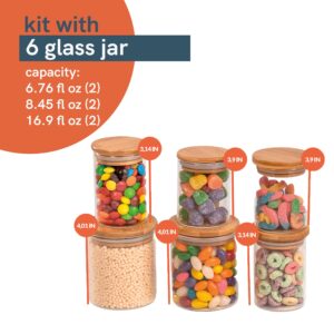 OIKOS | Hermetic Glass Storage Jars with Bamboo Lid | Multipurpose Jars, Candy Jars, Dry Food Canisters, Airtight, Variety Set, Kitchen Glass For Coffee, Flour, Sugar, Cookie, Spice | 6 Pieces, 32 OZ