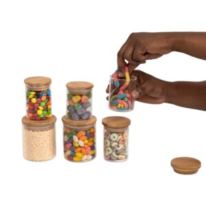 OIKOS | Hermetic Glass Storage Jars with Bamboo Lid | Multipurpose Jars, Candy Jars, Dry Food Canisters, Airtight, Variety Set, Kitchen Glass For Coffee, Flour, Sugar, Cookie, Spice | 6 Pieces, 32 OZ