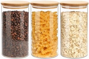 viewelld airtight glass storage canister with wood lid(40 fl.oz), clear food storage container jar with sealing bamboo lid for noodles flour cereal rice sugar tea coffee beans, round set of 3