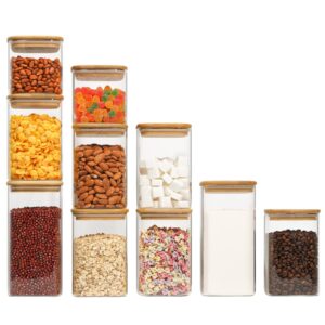 comsaf airtight glass storage canister with bamboo lid (22oz/37oz/50oz) set of 10, clear food storage container kitchen pantry storage jar for flour cereal sugar tea coffee beans snacks