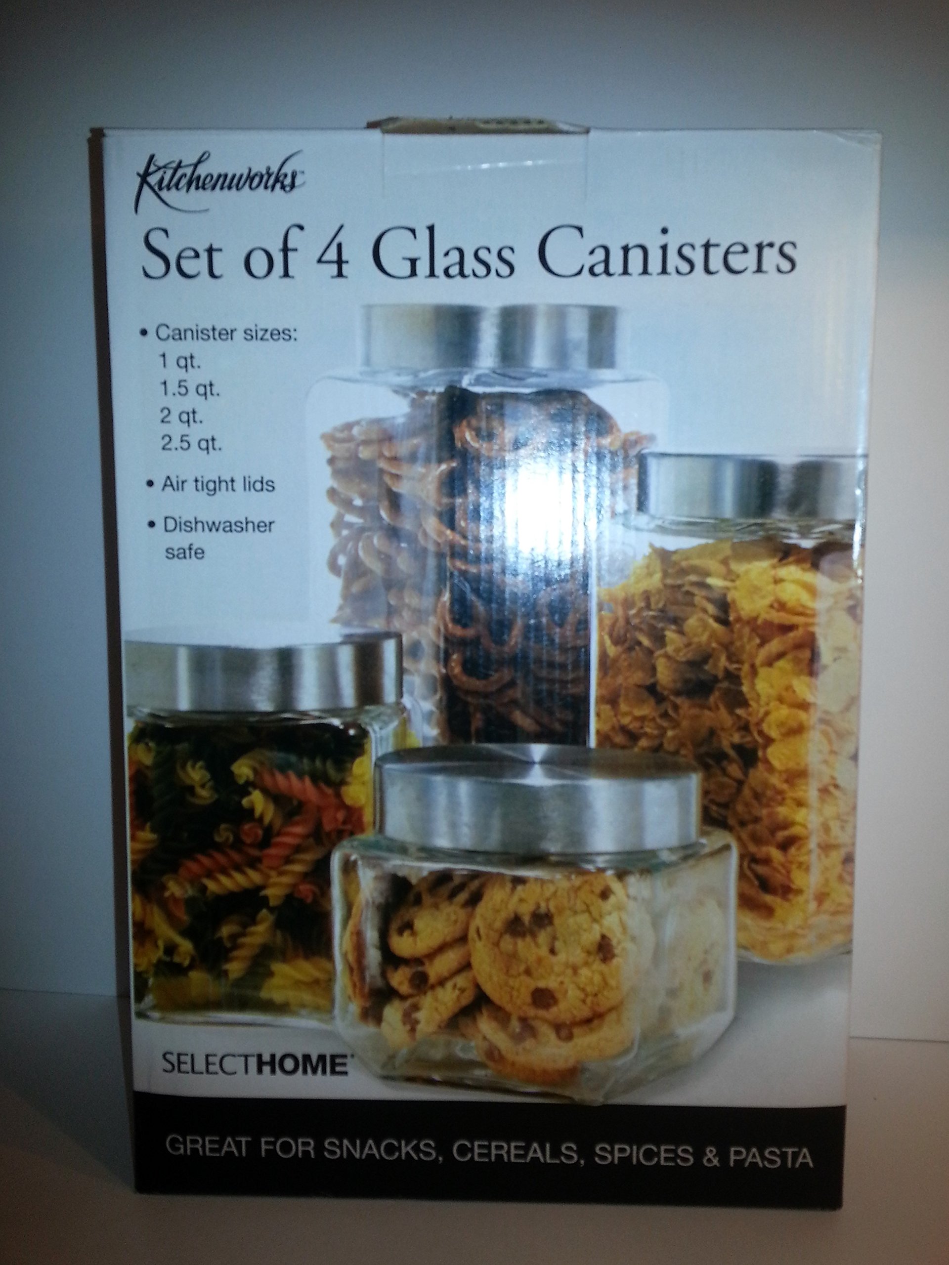 Kitchenworks Set of 4 Airtight Lids Glass Canisters For Snacks,Cereals or Pasta