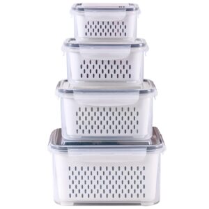 4 pack large fridge food storage container set with lids with strainer, fruit vegetable storage containers keep fruits, vegetables, berry, meat fresh longer , bpa-free plastic produce keepers