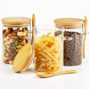 Glass Jars with Wooden Lid and Spoon, Airtight Food Storage Containers for Sugar/Coffee/Flour/Spices, Set of 3 Clear Stackable Kitchen Canisters, Ideal for Home Organization Decor (18Oz/530ML)