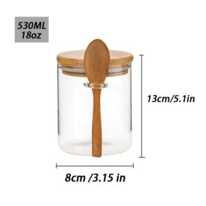 Glass Jars with Wooden Lid and Spoon, Airtight Food Storage Containers for Sugar/Coffee/Flour/Spices, Set of 3 Clear Stackable Kitchen Canisters, Ideal for Home Organization Decor (18Oz/530ML)