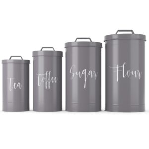 metal farmhouse canister sets for kitchen counter, vintage kitchen canisters, food storage jars for the kitchen, coffee tea sugar flour charcoal kitchen decor, metal, set of 4