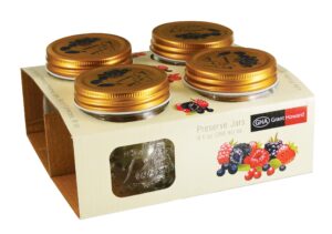 grant howard les fruits de provence preserve jar 4 set, 9 ounces, glass food storage canning container, metal emboss top, clear