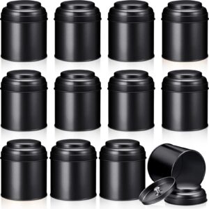 12 pcs tea tin canister with airtight double lids 8 oz round tin can box small kitchen tea canister loose leaf tea storage tea containers for loose tea bags coffee sugar candy spices (black)