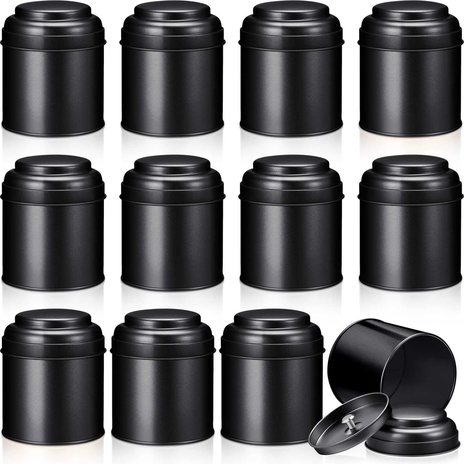 12 Pcs Tea Tin Canister with Airtight Double Lids 8 oz Round Tin Can Box Small Kitchen Tea Canister Loose Leaf Tea Storage Tea Containers for Loose Tea Bags Coffee Sugar Candy Spices (Black)