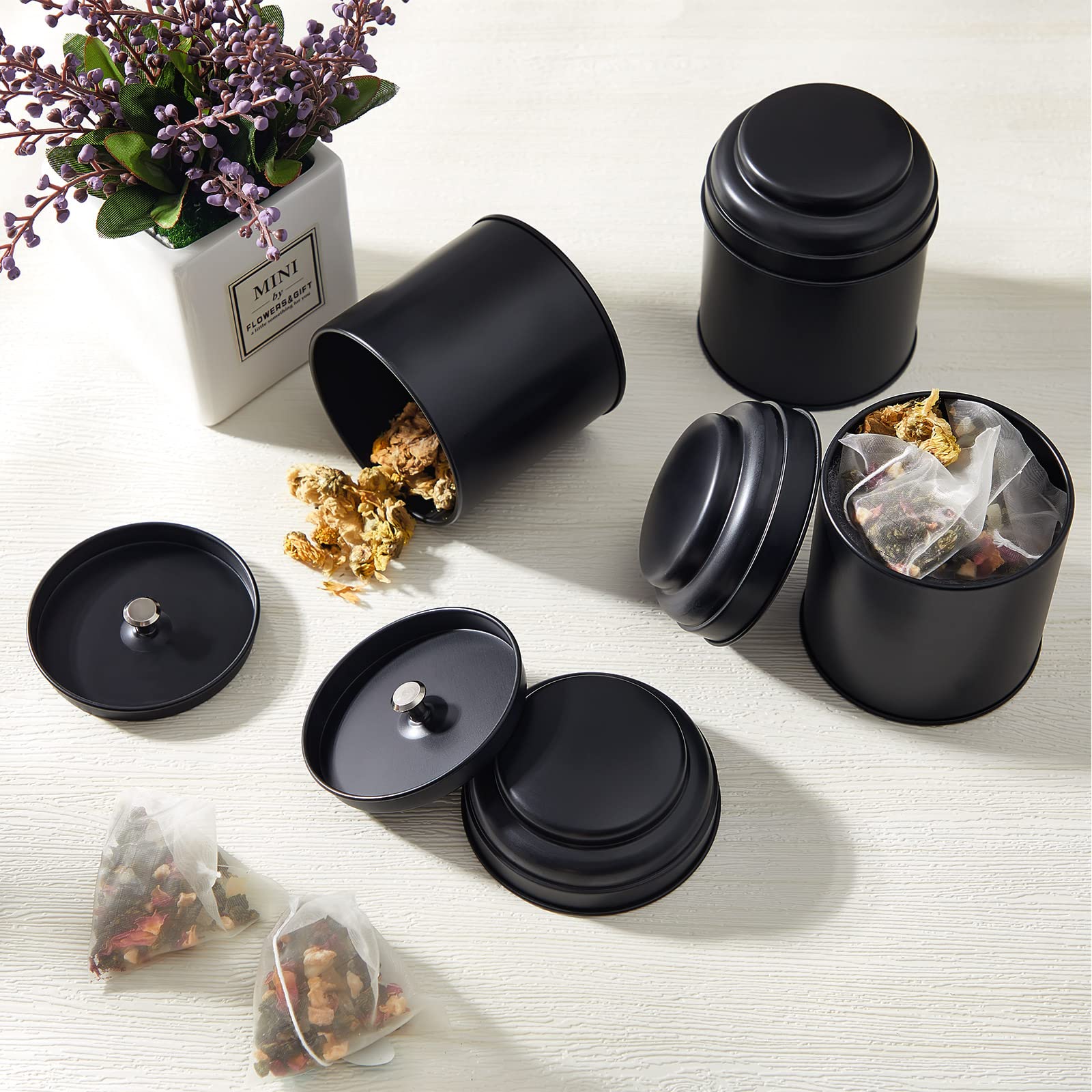 12 Pcs Tea Tin Canister with Airtight Double Lids 8 oz Round Tin Can Box Small Kitchen Tea Canister Loose Leaf Tea Storage Tea Containers for Loose Tea Bags Coffee Sugar Candy Spices (Black)