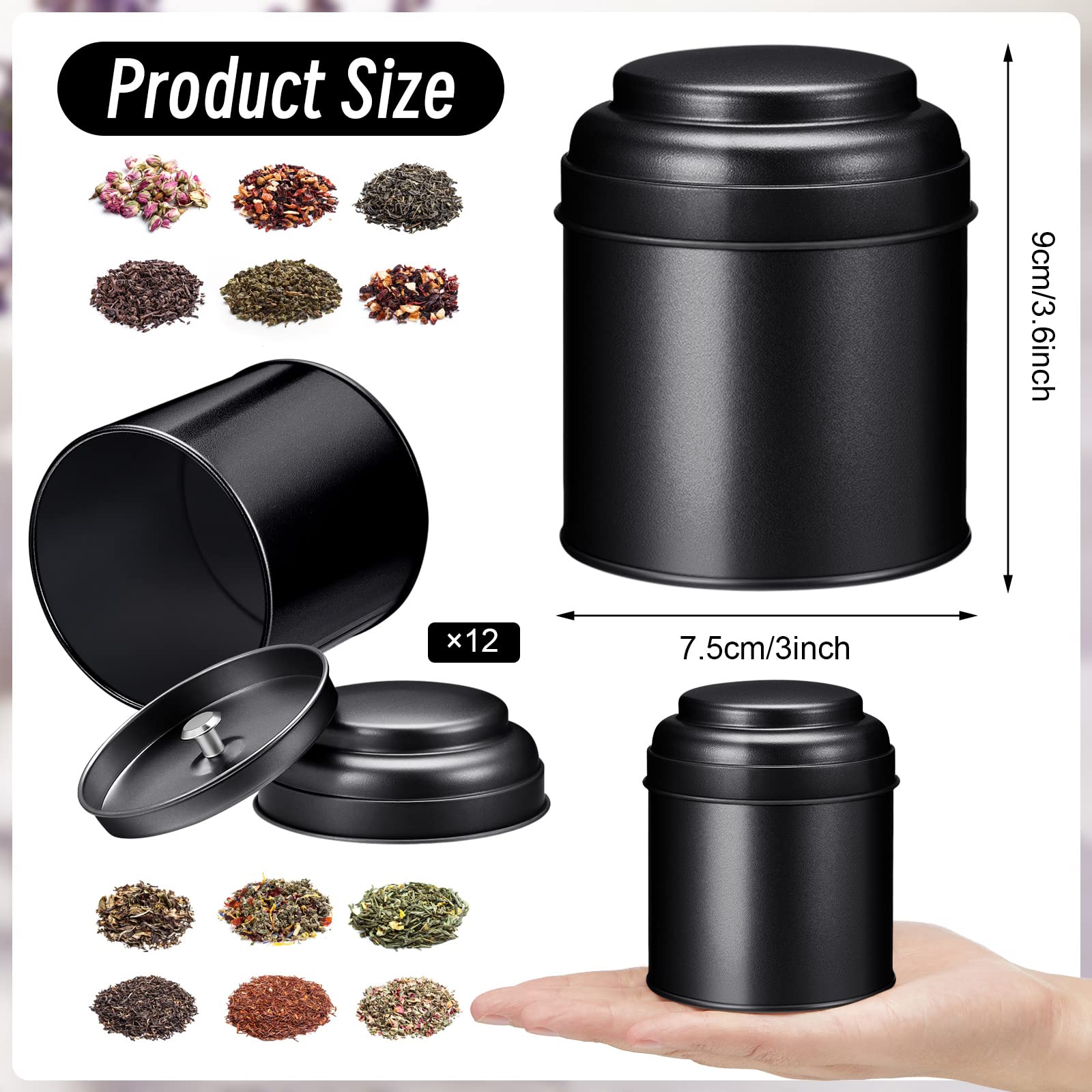 12 Pcs Tea Tin Canister with Airtight Double Lids 8 oz Round Tin Can Box Small Kitchen Tea Canister Loose Leaf Tea Storage Tea Containers for Loose Tea Bags Coffee Sugar Candy Spices (Black)