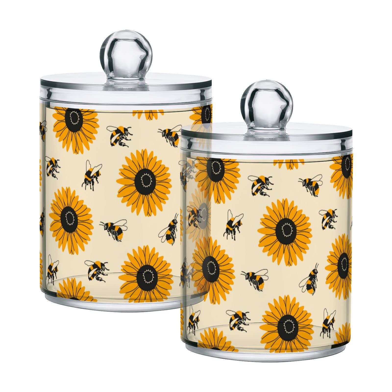 Plastic Jars with Lids,Orange Sunflower Bee Bulk Pack Storage Containers Wide Mouth Airtight Canister Jar for Kitchen Bathroom Farmhouse Makeup Countertop Household,Set 2