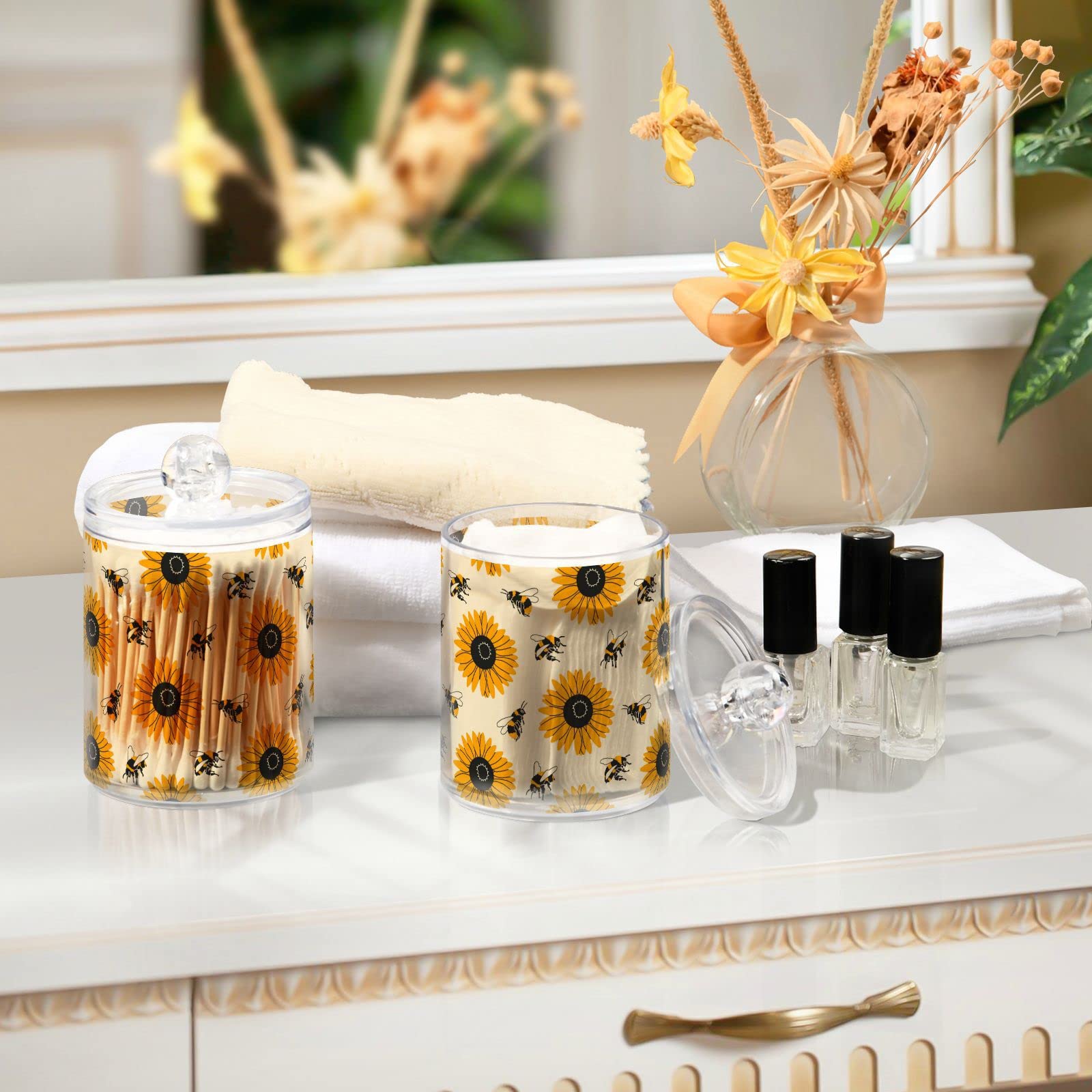 Plastic Jars with Lids,Orange Sunflower Bee Bulk Pack Storage Containers Wide Mouth Airtight Canister Jar for Kitchen Bathroom Farmhouse Makeup Countertop Household,Set 2