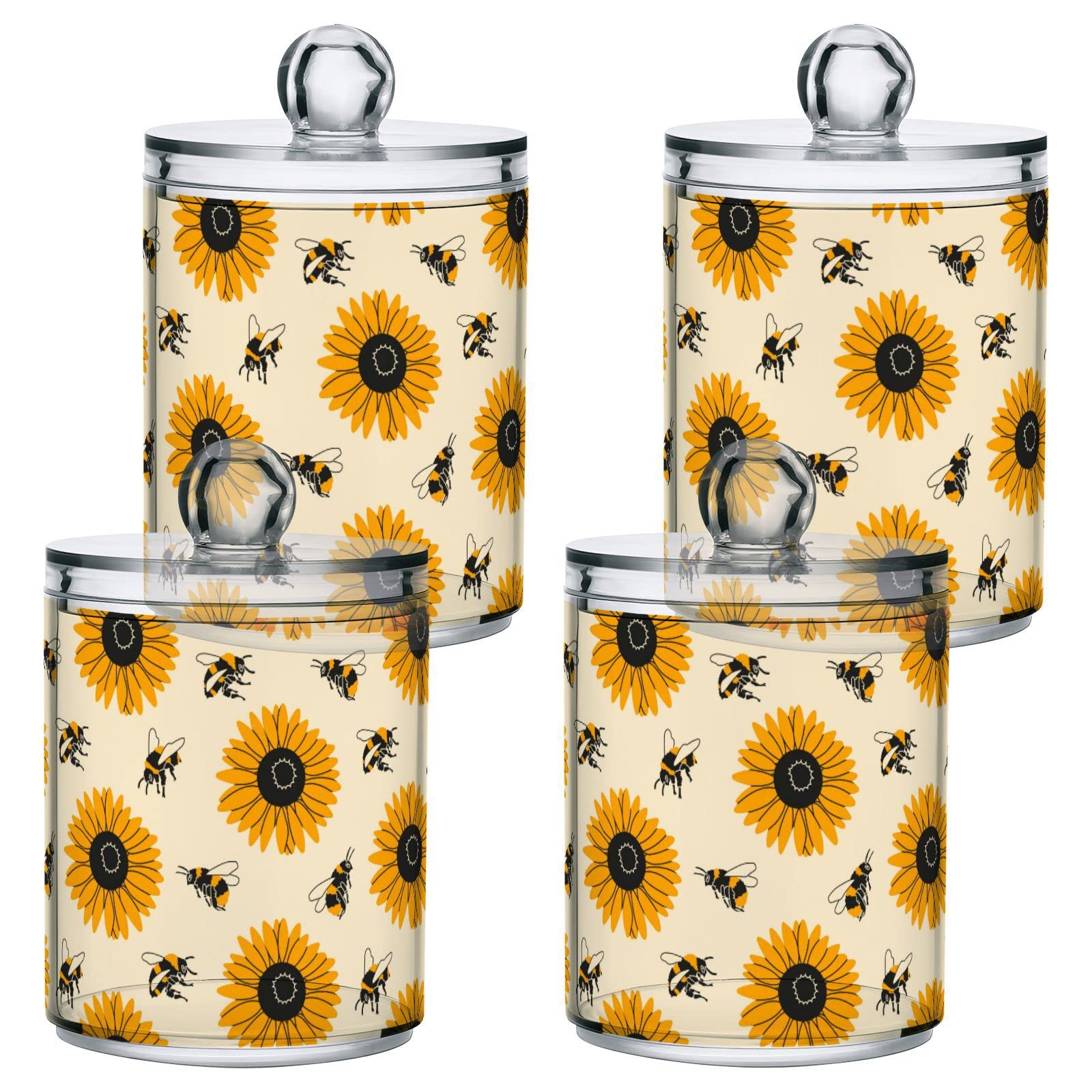 Plastic Jars with Lids,Orange Sunflower Bee Bulk Pack Storage Containers Wide Mouth Airtight Canister Jar for Kitchen Bathroom Farmhouse Makeup Countertop Household,Set 2