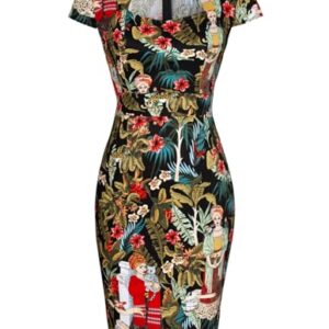 Womens Dress Retro 50s 60s Printed Leaves Pencil Dress Cap Sleeve Bodycon Dress