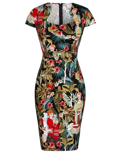 Womens Dress Retro 50s 60s Printed Leaves Pencil Dress Cap Sleeve Bodycon Dress