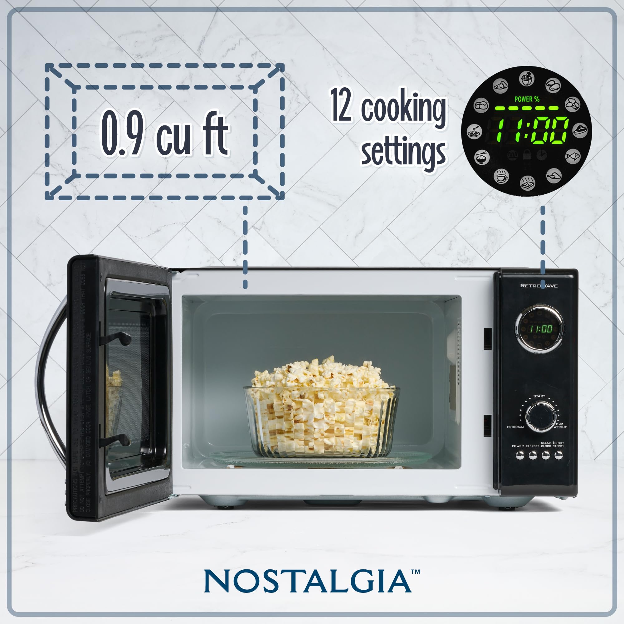 Nostalgia Retro Countertop Microwave Oven - Large 800-Watt - 0.9 cu ft - 12 Pre-Programmed Cooking Settings - Digital Clock - Kitchen Appliances - Black