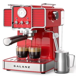 galanz retro espresso machine with milk frother, 15 bar pump professional cappuccino and latte machine, 1.5l removable water tank, retro red, 1350 w