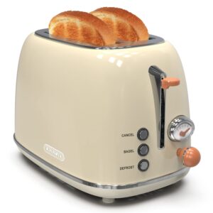 toaster 2 slice, kitchmix retro stainless steel toaster with 6 settings, 1.5 in extra wide slots, bagel/defrost/cancel function, removable crumb tray (cream)