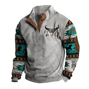 rttuiop sweatshirt jackets for men western aztec ethnic print vintage top long sleeve shirt stand collar button down pullover coat