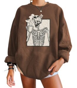 meladyan womens halloween skull graphic print fleece oversized sweatshirt crewneck long sleeve drop shoulder pullover, vintage brown, large