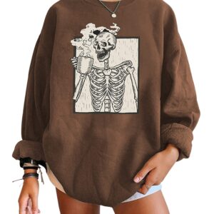 Meladyan womens Halloween Skull Graphic Print Fleece Oversized Sweatshirt Crewneck Long Sleeve Drop Shoulder Pullover, Vintage Brown, Large