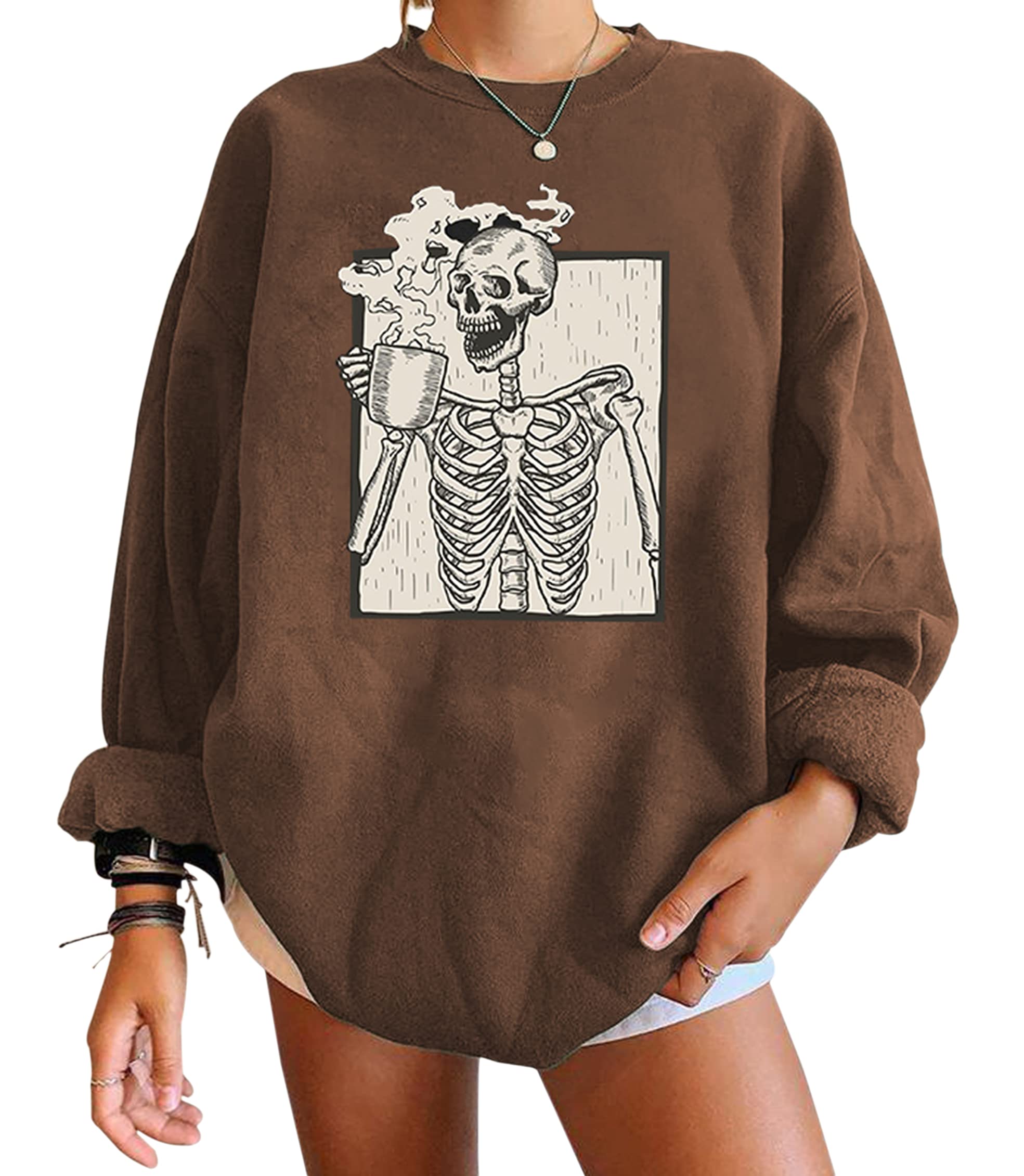 Meladyan womens Halloween Skull Graphic Print Fleece Oversized Sweatshirt Crewneck Long Sleeve Drop Shoulder Pullover, Vintage Brown, Large