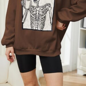 Meladyan womens Halloween Skull Graphic Print Fleece Oversized Sweatshirt Crewneck Long Sleeve Drop Shoulder Pullover, Vintage Brown, Large