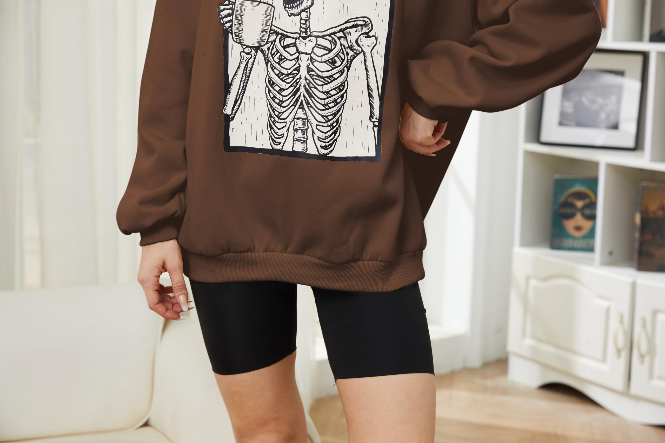 Meladyan womens Halloween Skull Graphic Print Fleece Oversized Sweatshirt Crewneck Long Sleeve Drop Shoulder Pullover, Vintage Brown, Large