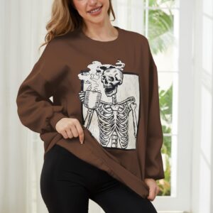 Meladyan womens Halloween Skull Graphic Print Fleece Oversized Sweatshirt Crewneck Long Sleeve Drop Shoulder Pullover, Vintage Brown, Large